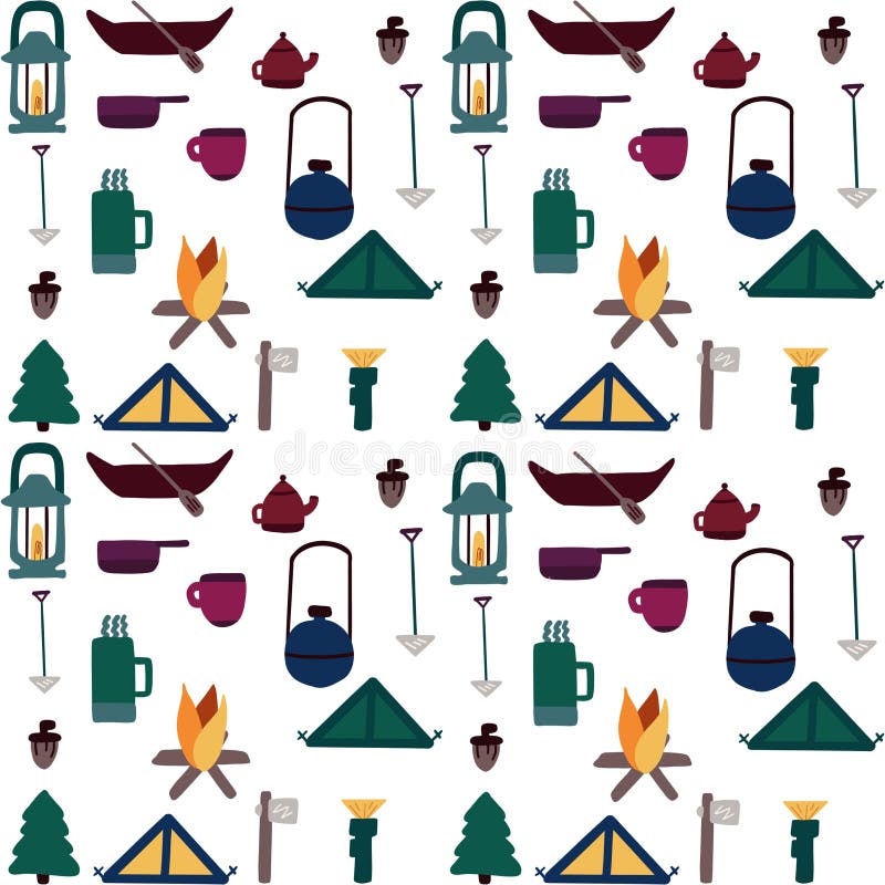Hiking Camping Seamless Hand Drawn Pattern Stock Vector - Illustration of silhouette, camping ...