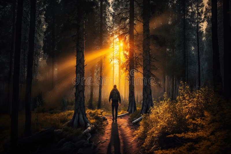 Hiking Concept. Someone Going Walk among the Forest in Sunny Rays, Back ...