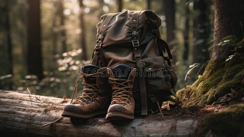 Hiking Equipment in Forest. Backpack and Leather Ankle Boots Stock ...