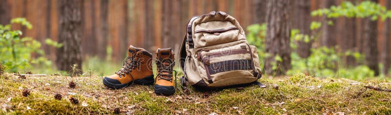 Hiking Equipment in Forest. Backpack and Leather Ankle Boots Stock ...