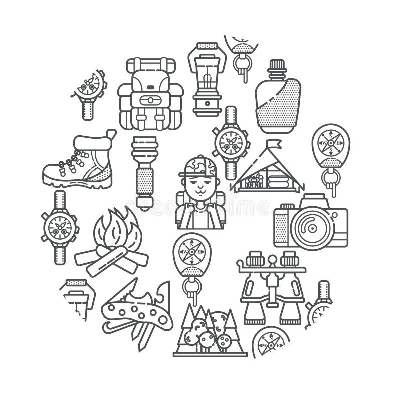 Hiking Equipment and Forest Leasure Vector Icon Set. Mountain Hiking ...