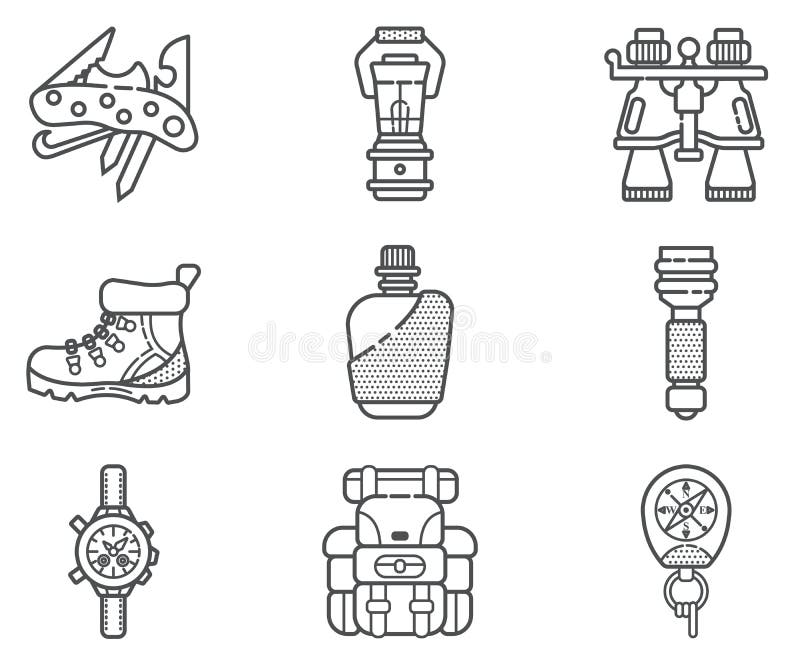 Hiking Equipment and Forest Leasure Vector Icon Set. Mountain Hiking ...