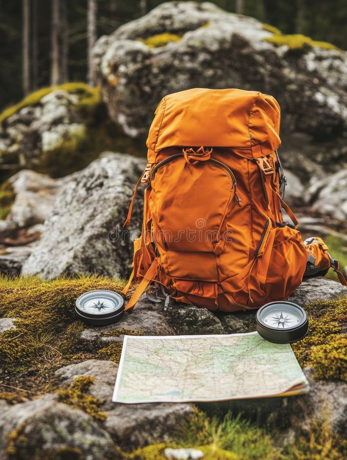 Hiking Equipment Rests on Mossy Rocks with Map and Compass in a Forest ...