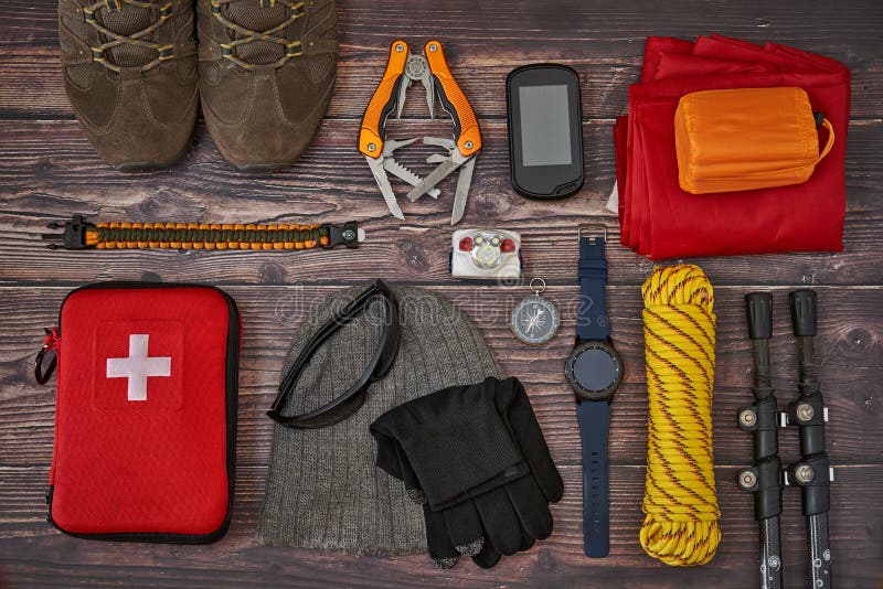 Hiking Equipment Tidy To Put it in the Backpack Stock Image - Image of ...
