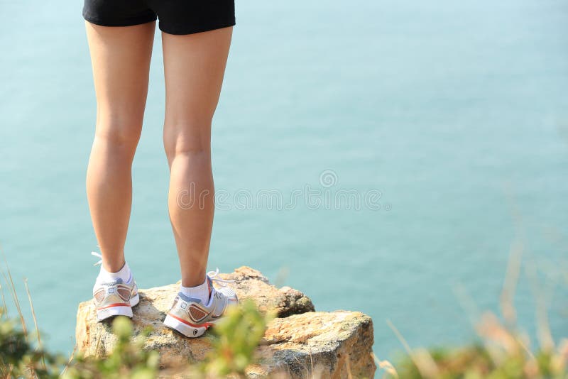 Hiking Feet Stand Seaside Rock Stock Image - Image of female, feet ...