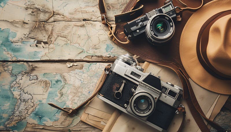 Hiking Gear Frame with Lantern, Camera, Hat, Map, Compass. Packing for ...