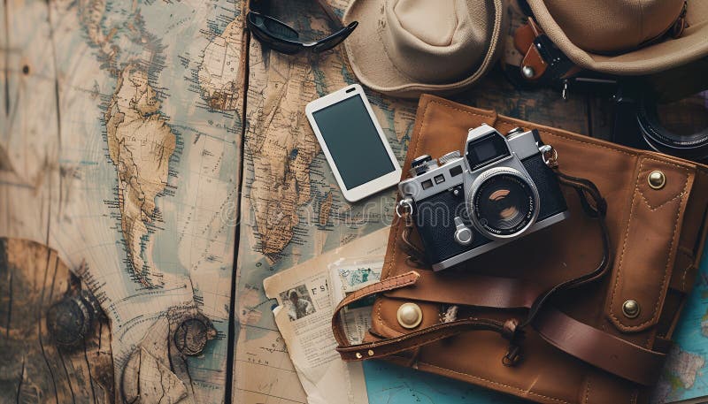 Hiking Gear Frame with Lantern, Camera, Hat, Map, Compass. Packing for ...