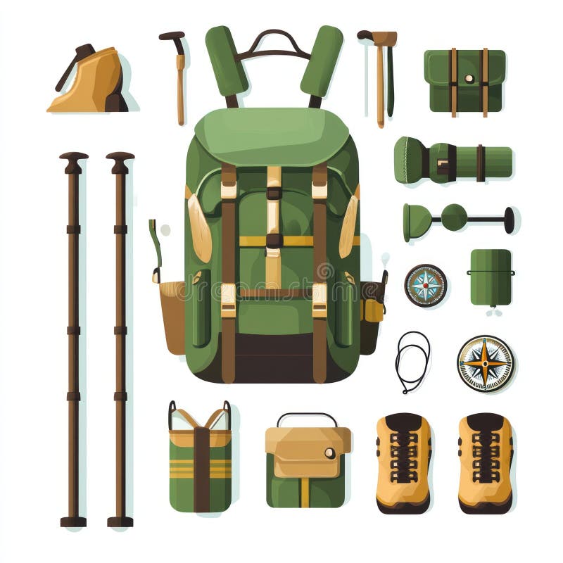 Hiking Gear Illustration, Backpack, Boots, Trekking Poles, and Compass ...