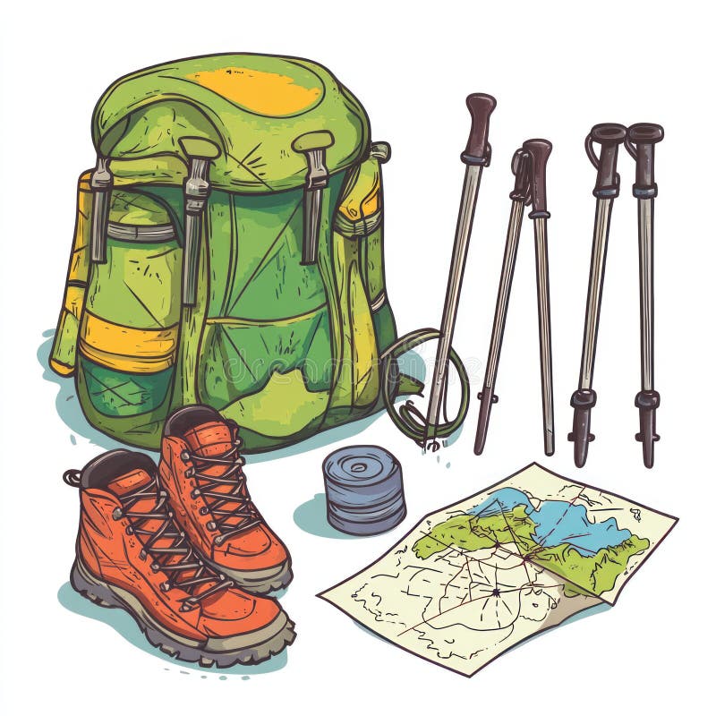 Hiking Gear Illustration, Backpack, Boots, Trekking Poles, Map Stock ...
