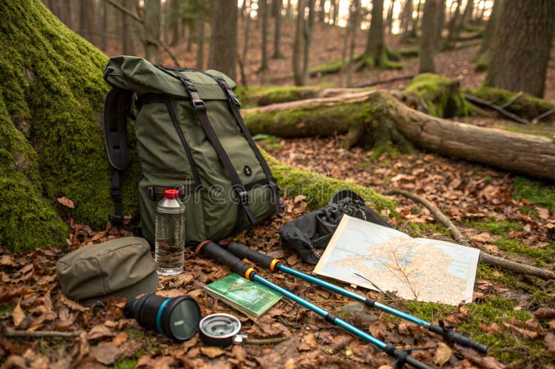 Hiking Gear Laid Out on a Forest Floor Stock Illustration ...