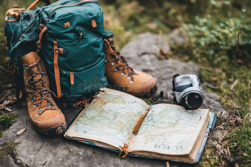 Hiking Gear Layout on a Forest Path Stock Illustration - Illustration ...