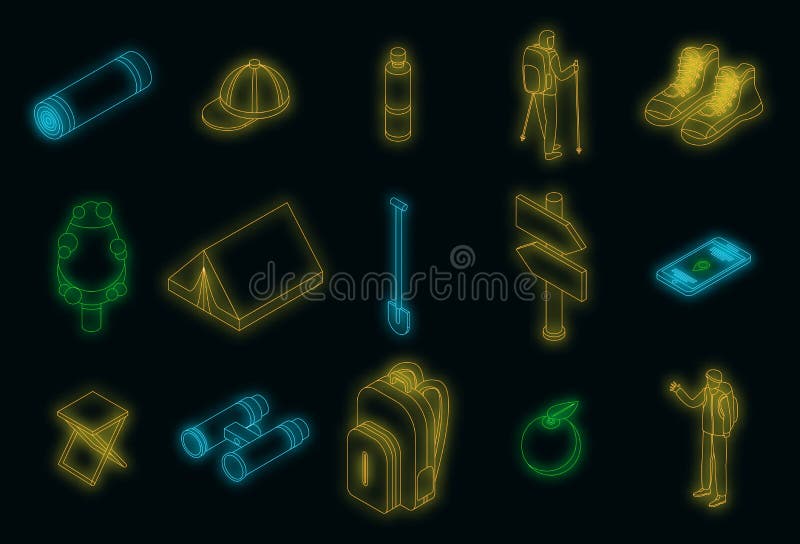 Hiking Icons Set Vector Neon Stock Vector - Illustration of equipment ...