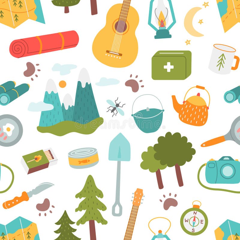Hiking Kit. Vector Seamless Pattern in Flat Style Stock Vector ...