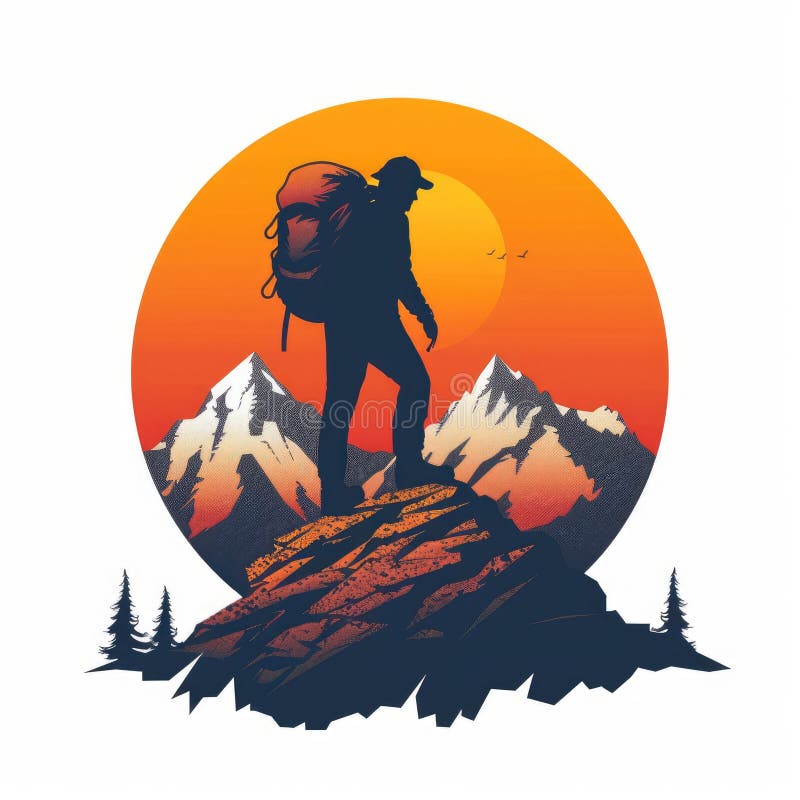 A Hiking Logo. Silhouette of a Hiker in the Mountains on a Sunset ...