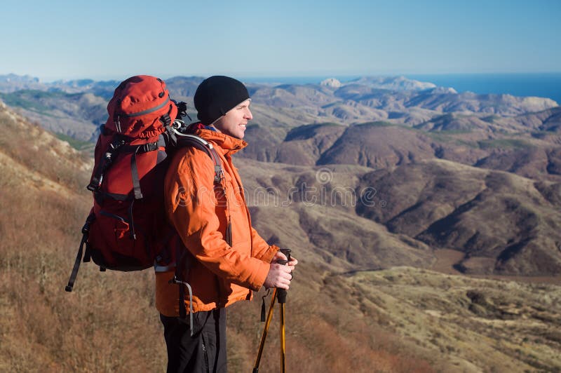 Hiking man with backpack stock photo. Image of looking - 28577912