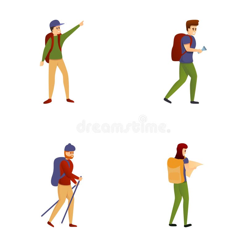 Hiking Man Icons Set Cartoon Vector. Man with Stick and Backpack Go ...