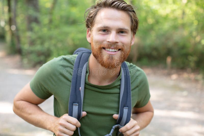 Hiking Man Portrait with Backpack Walking in Nature Stock Photo - Image ...