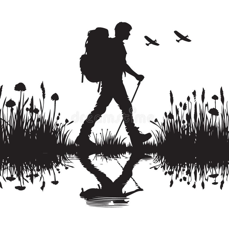 Hiking Man Silhouette Vector Art Exploring Nature Reflection Stock ...