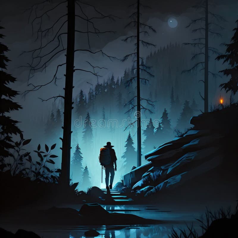 Hiking through a Moon Lit Path Stock Illustration - Illustration of ...