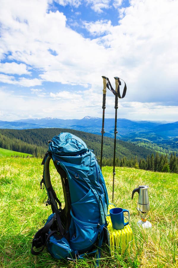 Walking with a Backpack in the Beautiful Mountains. Stock Image - Image ...