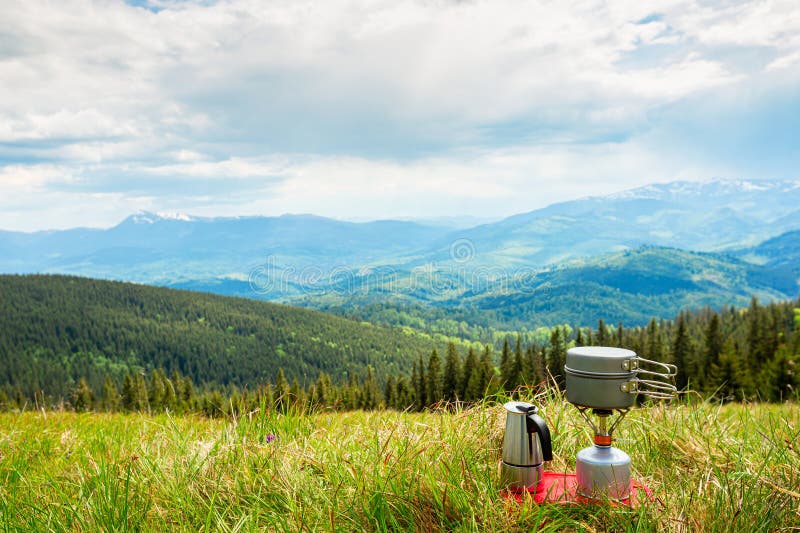 Making Coffee while Hiking in the Mountains. Stock Photo - Image of ...