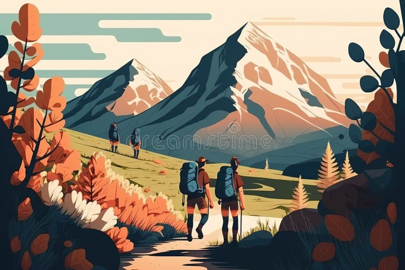 Hiking in the Mountains Concept. Cartoon Illustration Stock ...