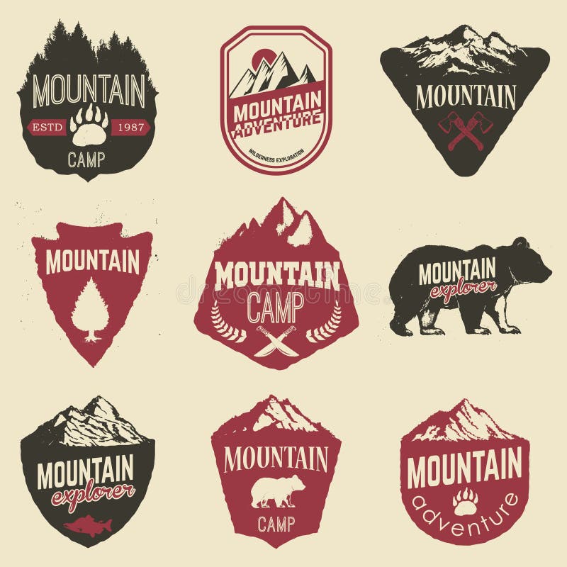 Hiking, Mountains Exploration Labels and Emblems. Stock Vector ...