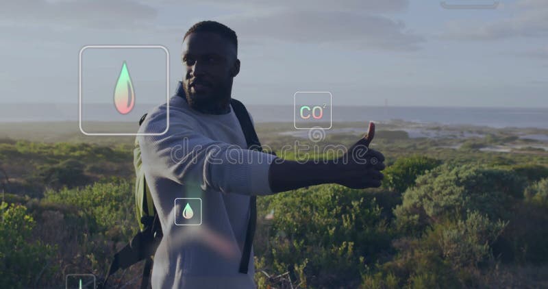 Hiking in Nature, Man Interacting with Environmental Data Image Stock ...