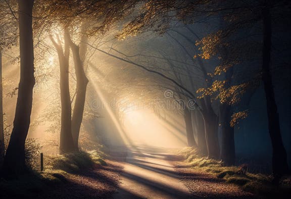 Hiking Path in the Twilight Forest and Glimpses of Light Falling on the ...