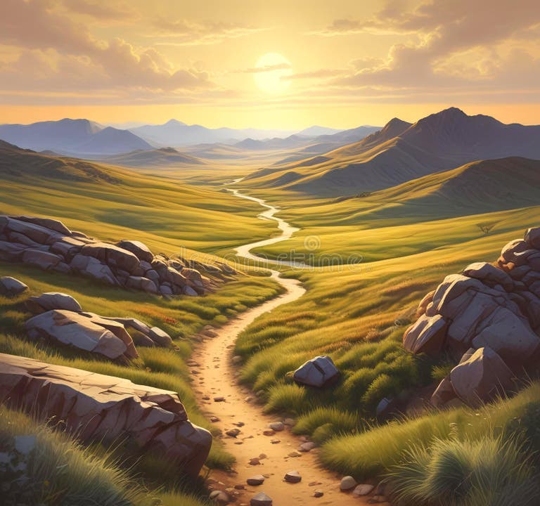 Hiking Path Winding through Open Grassy Valley, Distant Ridge, Minimal ...