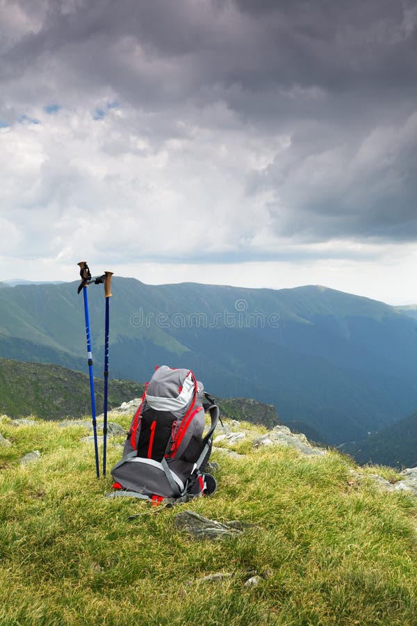 Hiking Pole and Backpack in Mountain Stock Image - Image of ...