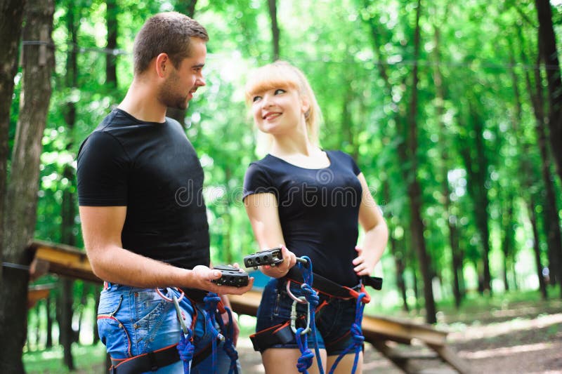 Hiking in the Rope Park Two Young People Stock Image - Image of risk ...
