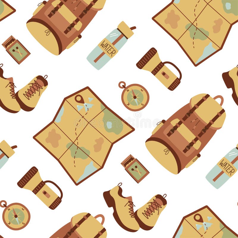 Hiking Seamless Pattern. Tourist Bundle Sketch. a Set of Items for the ...