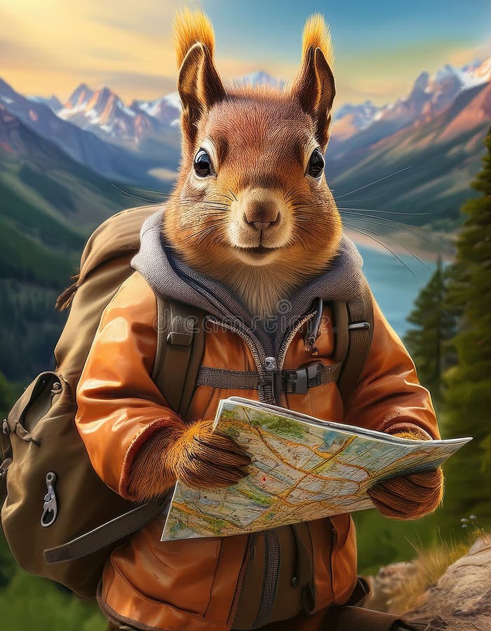 Hiking Squirrel Navigating with Map in the Mountains Stock Illustration ...