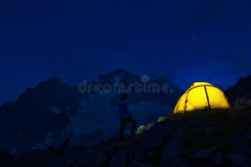Hiking Tent in the Italian Alps at Night Stock Photo - Image of blue ...