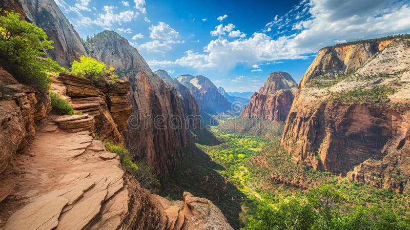 A Hiking Trail Along a Cliff Edge Overlooking a Canyon Valley Stock ...