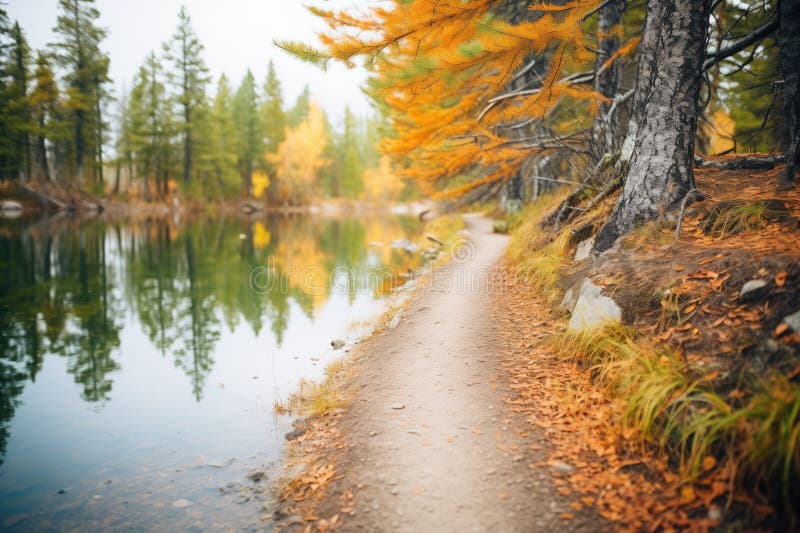 Hiking Trail Along Lake Edge, Trees Reflection Stock Photo - Image of ...