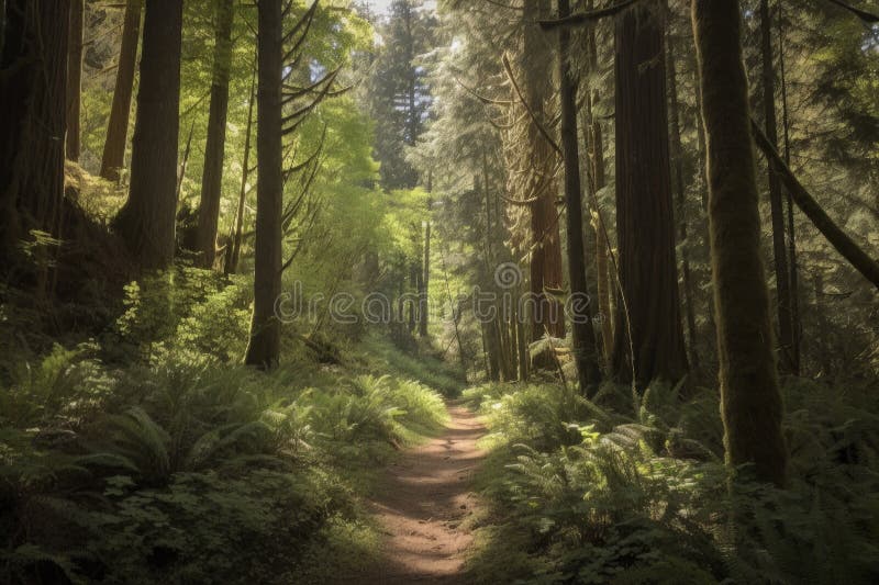 Hiking Trail through Dense Forest, with Trees Towering Overhead Stock ...