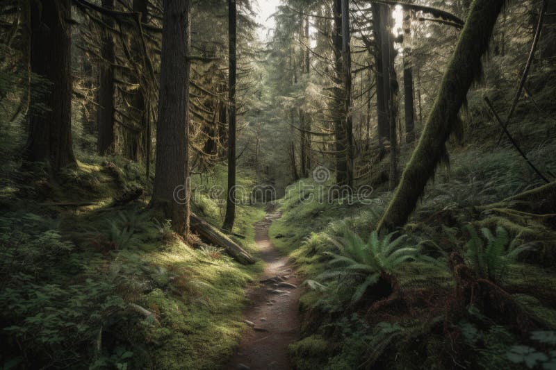 Hiking Trail through Dense Forest, with Trees Towering Overhead Stock ...