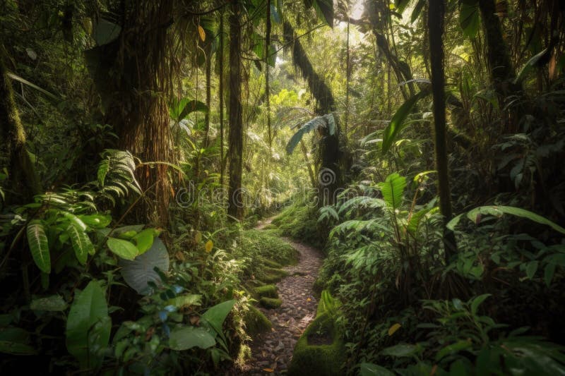 Hiking Trail through Dense Rainforest, with Hanging Vines and Exotic ...