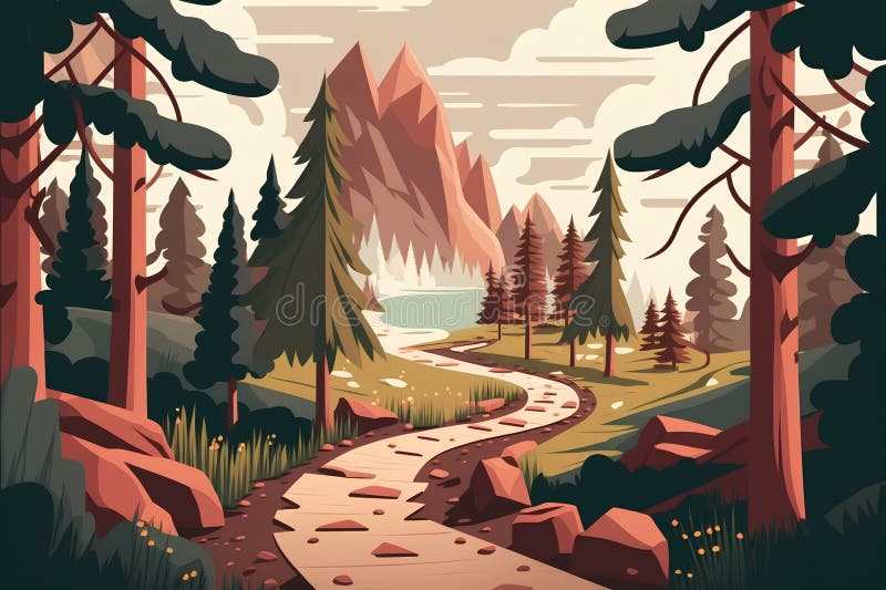 Hiking Trail in the Forest. Cartoon Style. Vector Illustration Stock ...