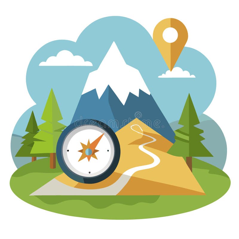 Hiking Trail Map and Compass Laid Out on Rock with Forested Peaks in ...