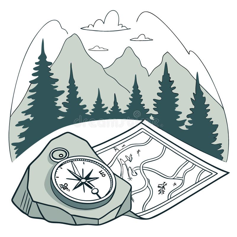 Hiking Trail Map and Compass Laid Out on Rock with Forested Peaks in ...