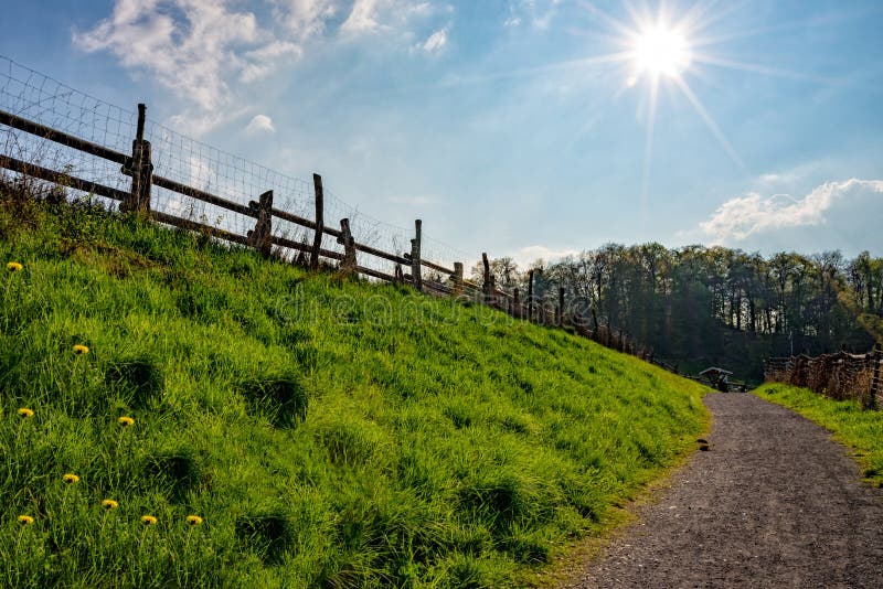Hiking Trail through Meadows and Fields at the Sunshine Stock Photo ...