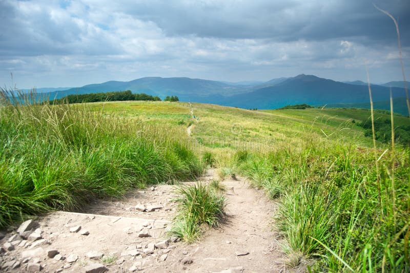 Hiking Trail in Mountains Landscape Stock Photo - Image of blue, forest ...