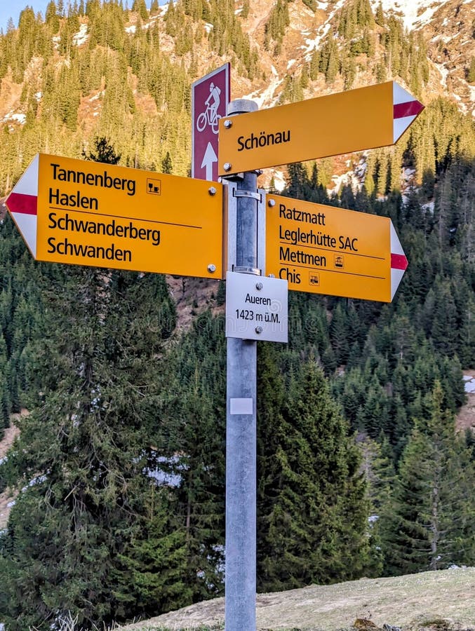 Hiking Trail Signs, Swiss Mountains, Alps Editorial Stock Image - Image ...