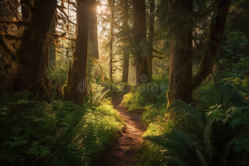 Hiking Trail Winding through Magical Forest, with Sunlight Filtering ...