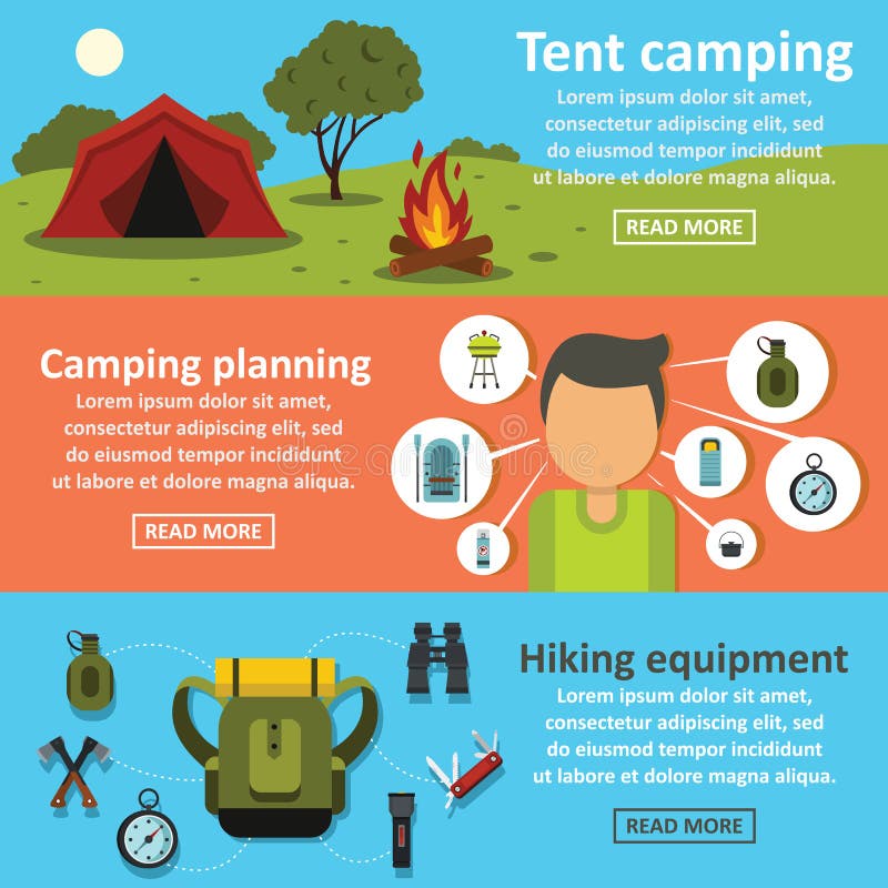 Hiking Travel Banner Horizontal Set, Flat Style Stock Vector ...