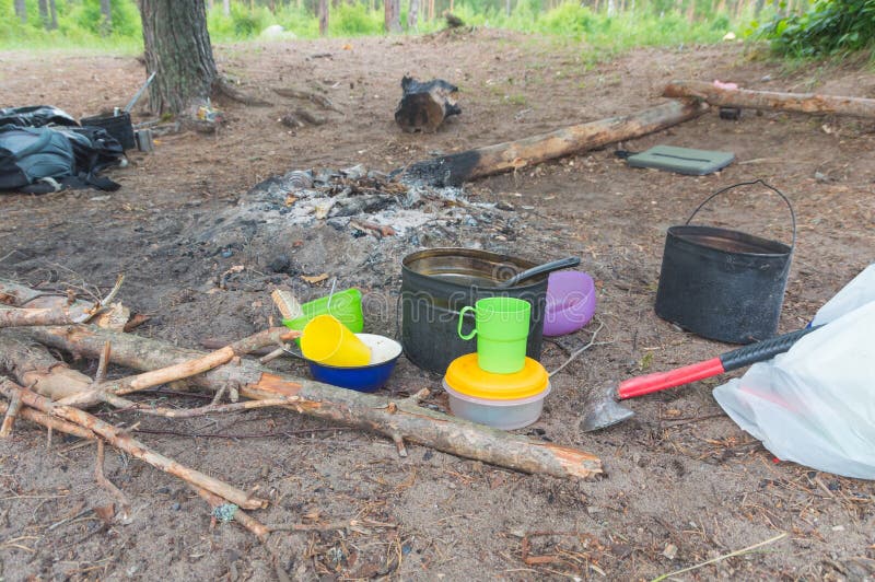 Hiking Utensils Near the Fire. Stock Photo - Image of hiking, people ...