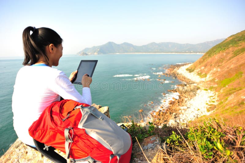 Hiking Woman Sit Seaside Rock Stock Photo - Image of computer, mountain ...